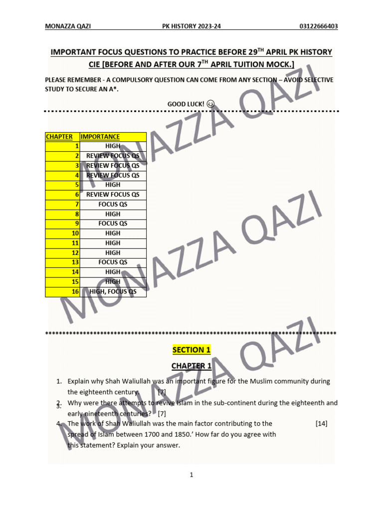 IMPORTANT FOCUS QUESTIONS TO PRACTICE BEFORE 29TH APRIL PK HISTORY CIE ...