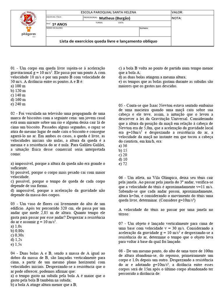 Lista De Lançamento Obliquo 1º A E B Pdf Gravidade Velocidade