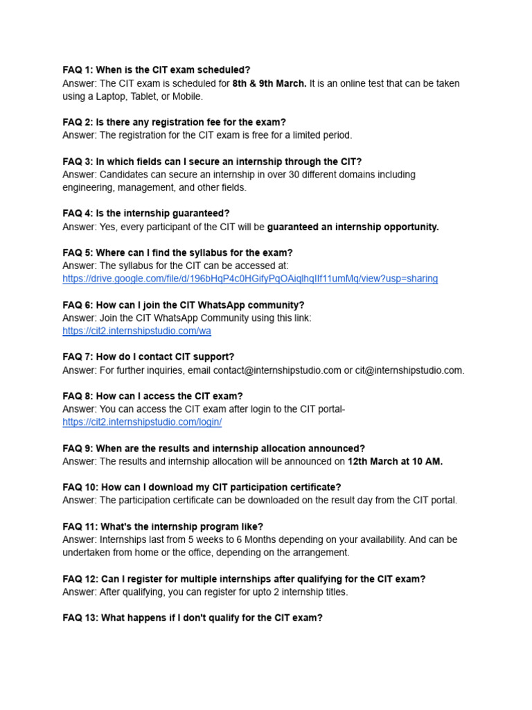 (Frequently Asked Questions) FAQs - CIT | PDF | Internship | Job Hunting