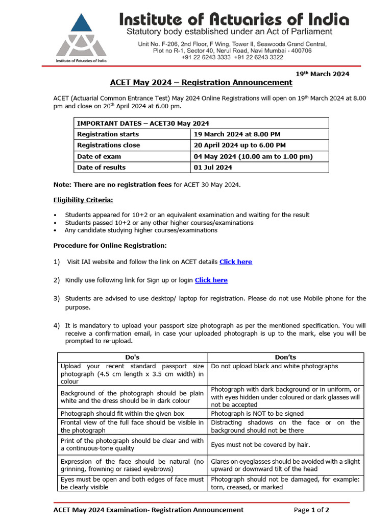 Registration Announcement ACET May 2024 | PDF