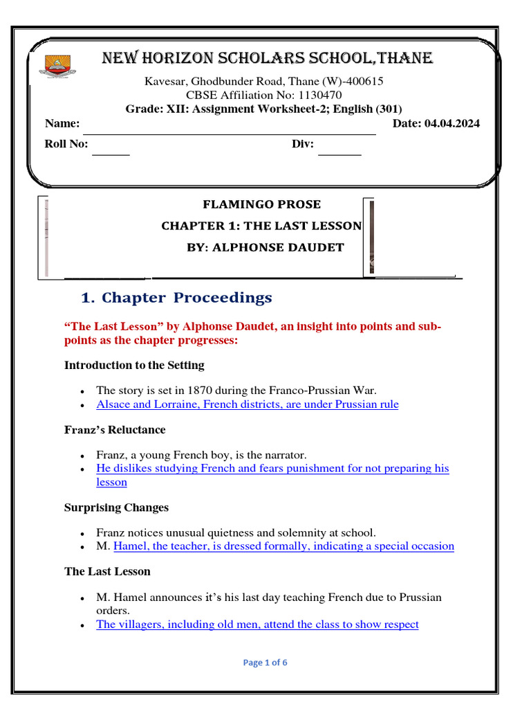 Mansi Jani - Assignment Worksheet-2 The Last Lesson, Flamingo Prose ...