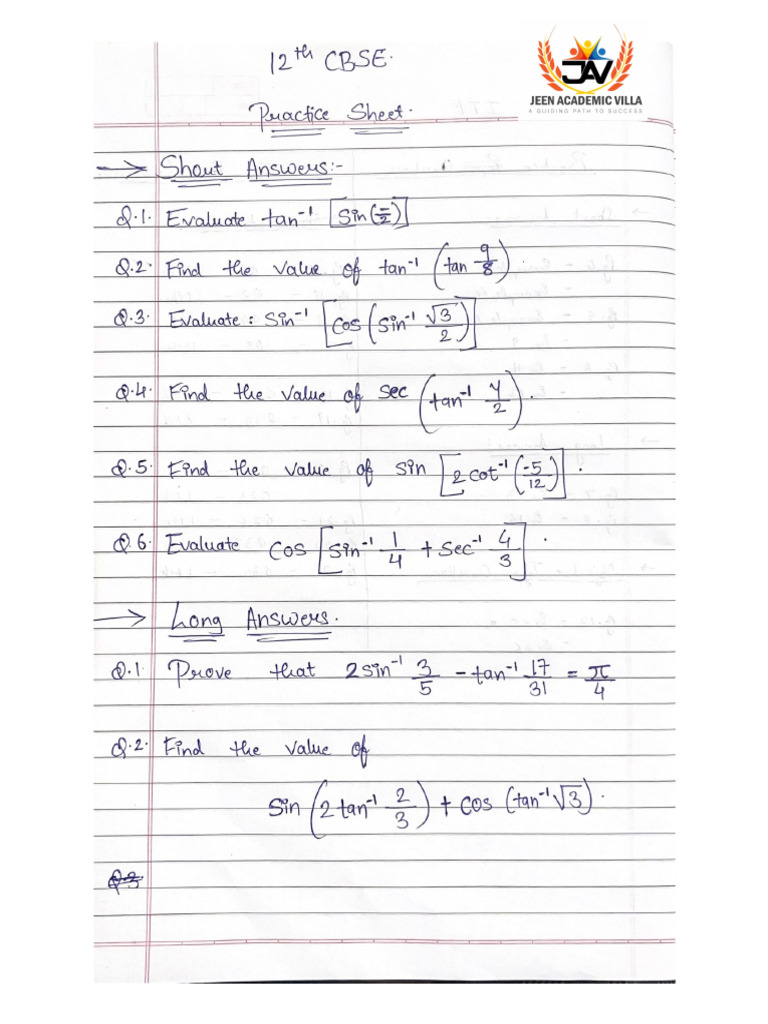 Inverse Trignometry Practice Sheet 1 | PDF