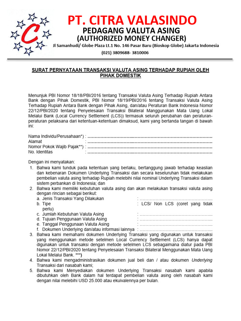 Surat Pernyataan Transaksi Valas | PDF