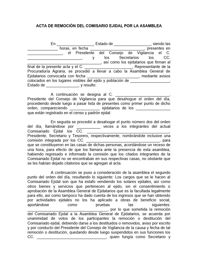 Acta de Remoción Del Comisario Ejidal Por La Asamblea | Descargar ...