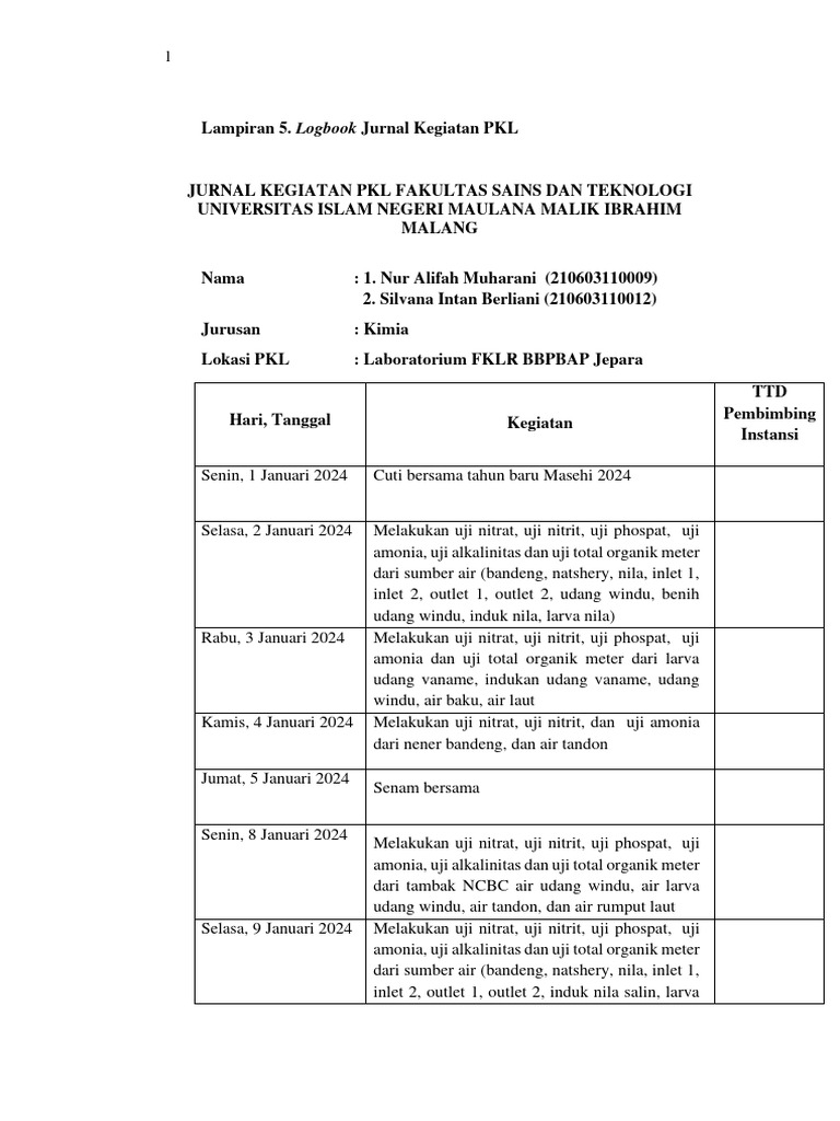 Jurnal Kegiatan PKL Lab. FKLR | PDF