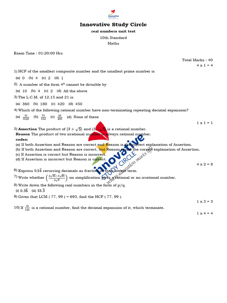 Real Numbers Unit Test | PDF | Numbers | Rational Number