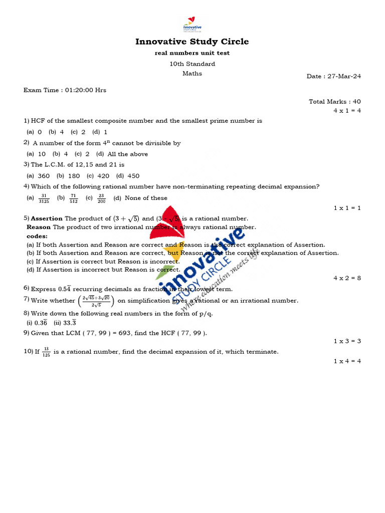 Real numbers 40 marks test paper | PDF | Numbers | Rational Number