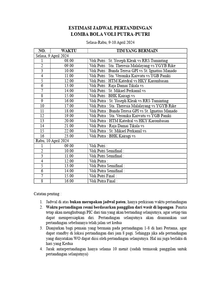 Fix TM - Jadwal Lomba Bola Voli MYC 2024 | PDF