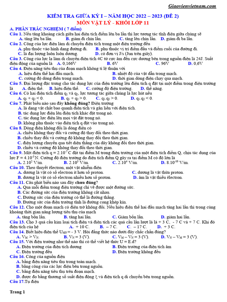 De Thi Giua HK1 LY 11 Nam 2022 2023 de 2 | PDF
