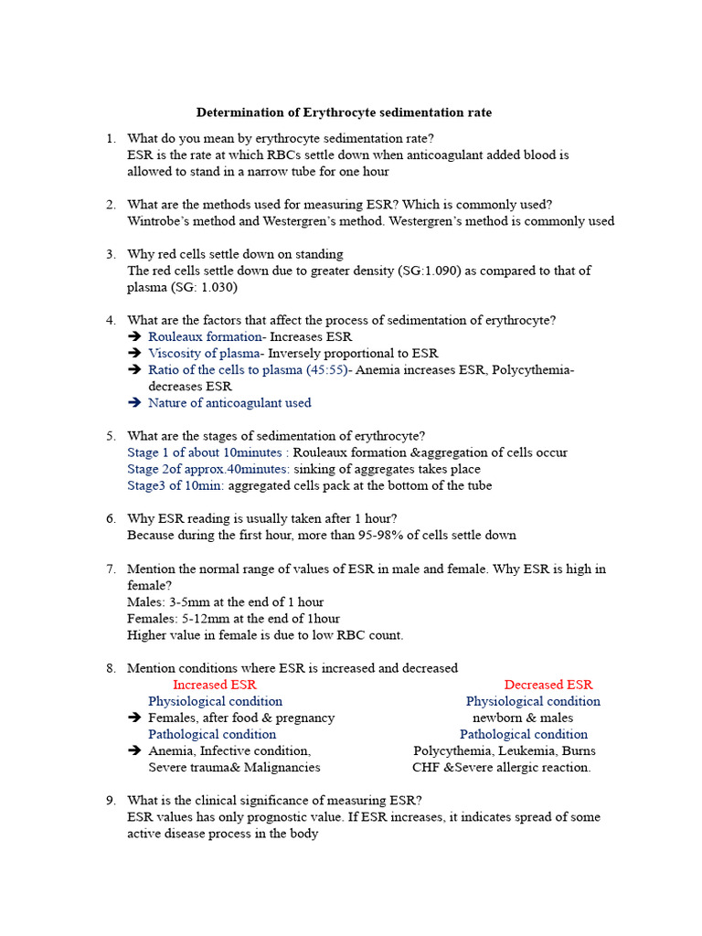 Determination of Erythrocyte Sedimentation Rate & Osmotic Fragility ...