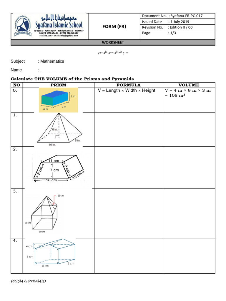 Worksheet PRISM and PYRAMID | PDF | Area | Volume