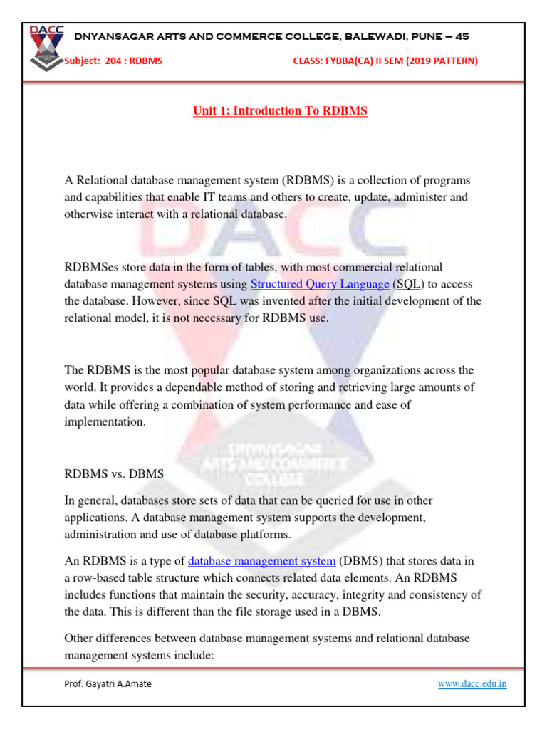 Rdbms Final-Notes PDF | Download Free PDF | Relational Database | Databases