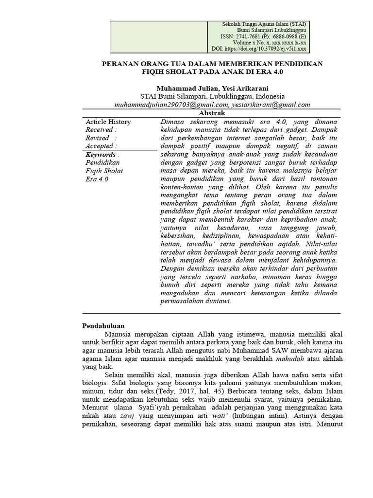 Peranan Orang Tua Dalam Memberikan Pendidikan Fiqih Sholat Pada Anak Di Era 4.0 | PDF