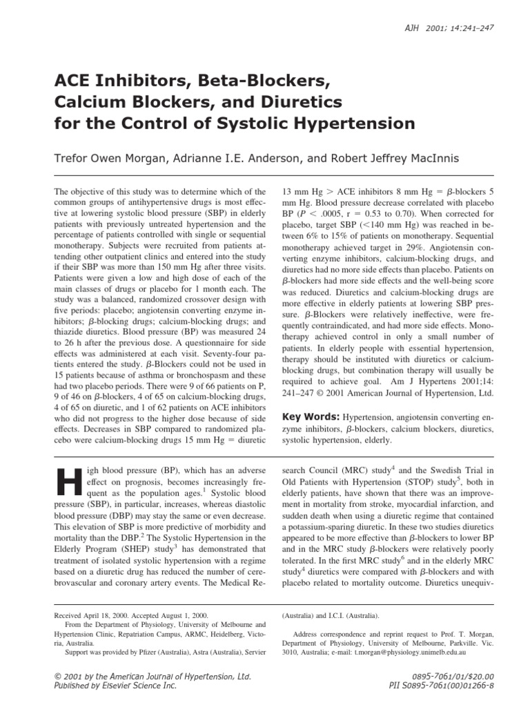 ACE, B-Blockers, Ca-Blockers Diureticsand BP | PDF | Blood Pressure ...
