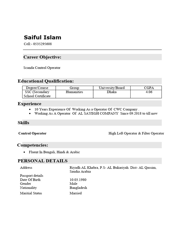 Saiful Islam: Control Operator Profile | PDF