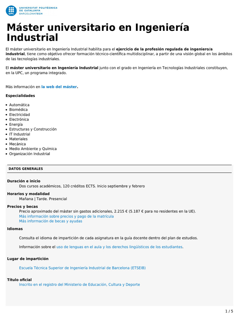 Máster en Ingeniería Industrial ETSEIB | PDF | Ingeniería | Ingeniería ...