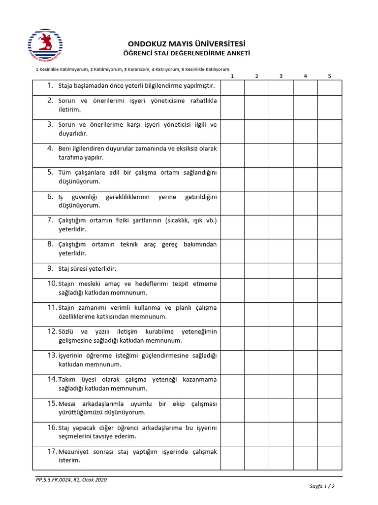 Ogrenci Staj Degerlendirme Anketi | PDF