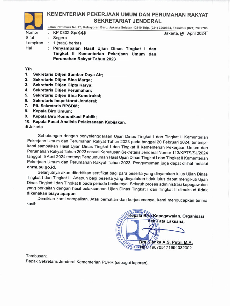 Hasil Ujian Dinas Kementerian PUPR 2023 | PDF