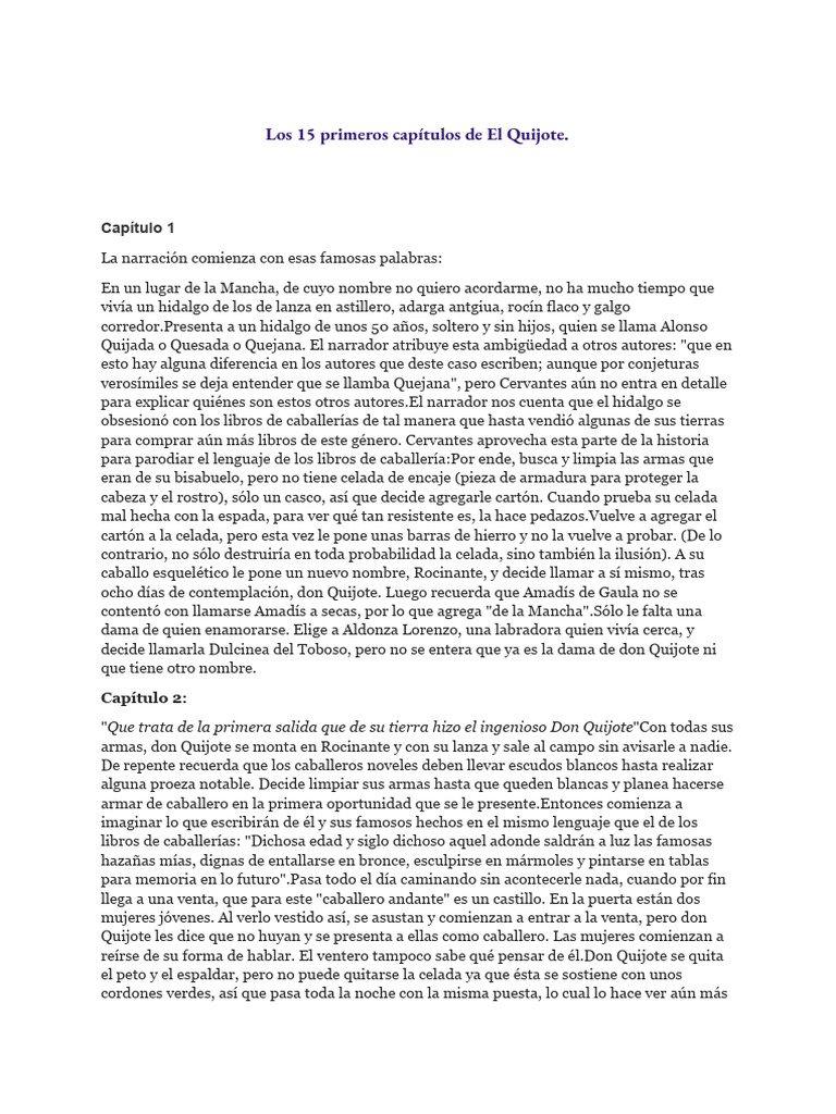 Los 15 Primeros Capítulos de El Quijote | PDF | Don Quijote | Caballero