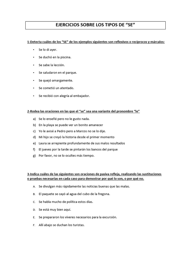 Tipos de se (ejercicios+soluciones)) | PDF | Tipología Lingüística | Sintaxis