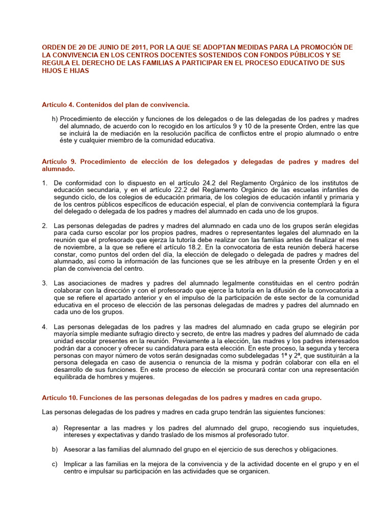 Funciones y Procedimiento de Elección de Delegados de Padres y Madres | PDF | Maestros ...