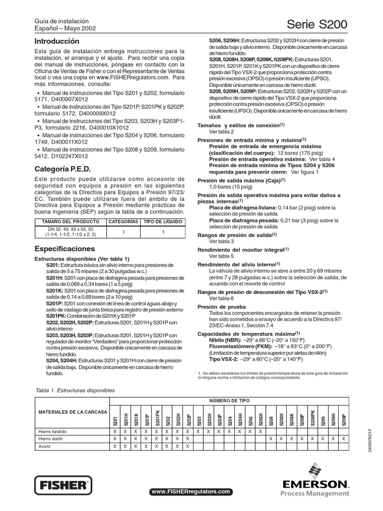 Installation Guide s200 Series Pressure Reducing Regulator Fisher Es ...