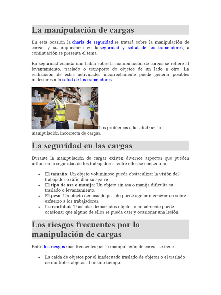 Plática de Seguridad de 5 Minutos MANIPULACION DE CARGAS | PDF Plática de Seguridad de 5 Minutos MANIPULACION DE CARGAS | PDF