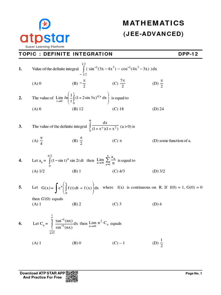 12 Definite Integration DPP 12 | PDF | Abstract Algebra | Complex Analysis