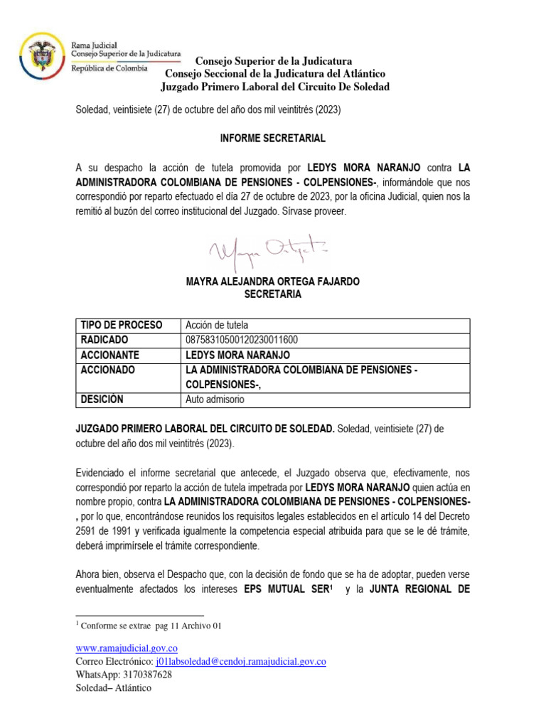 2023-00116 AdmiteTutela Yaneth | PDF | Gobierno | Justicia