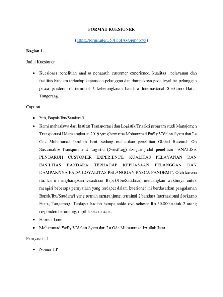 Format Kuesioner | PDF | Bisnis