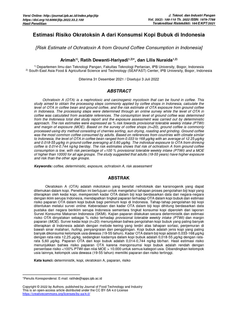 Estimasi Risiko Okratoksin A Dari Konsumsi Kopi Bu | PDF
