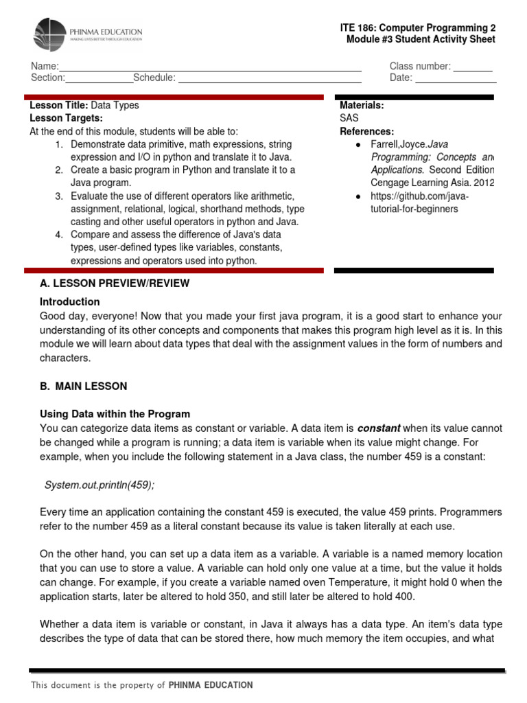 ITE 186 Day 3 | Download Free PDF | Integer (Computer Science) | Data Type