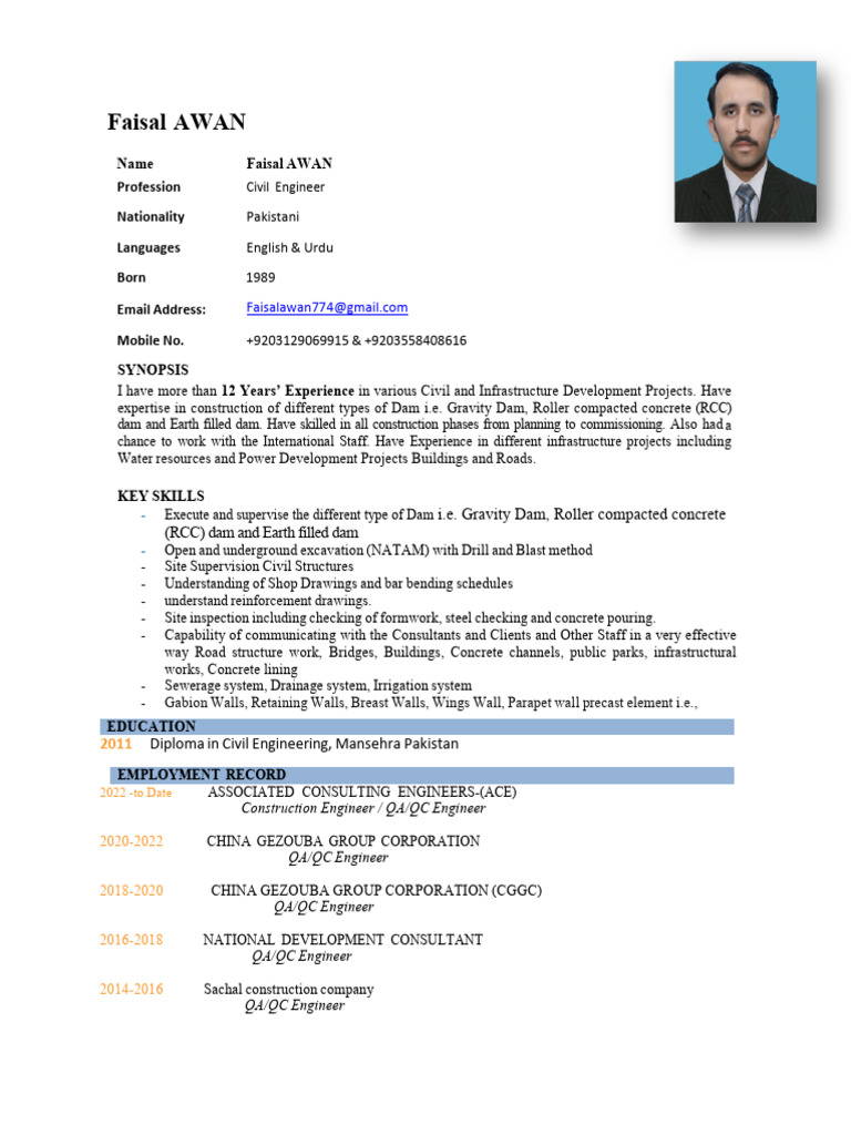 Faisal Awan Update CV F - 100613 | PDF | Concrete | Dam