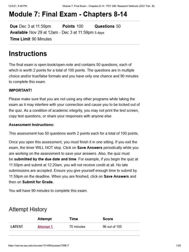 Module 7 Final Exam Chapters 8 14 PSY 290 Research Methods 2021 Fall B PDF | PDF | Statistical ...