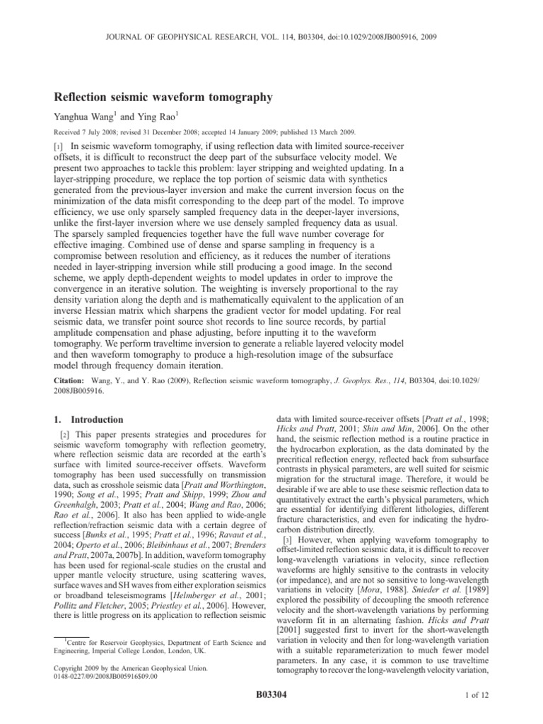 Journal of Geophysical Research Solid Earth - 2009 - Wang - Reflection Seismic Waveform ...