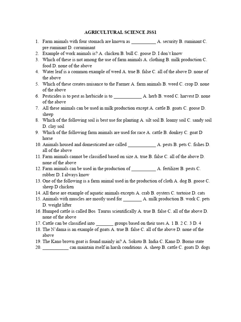 Agricultural Science JSS1 | PDF | Agriculture | Livestock