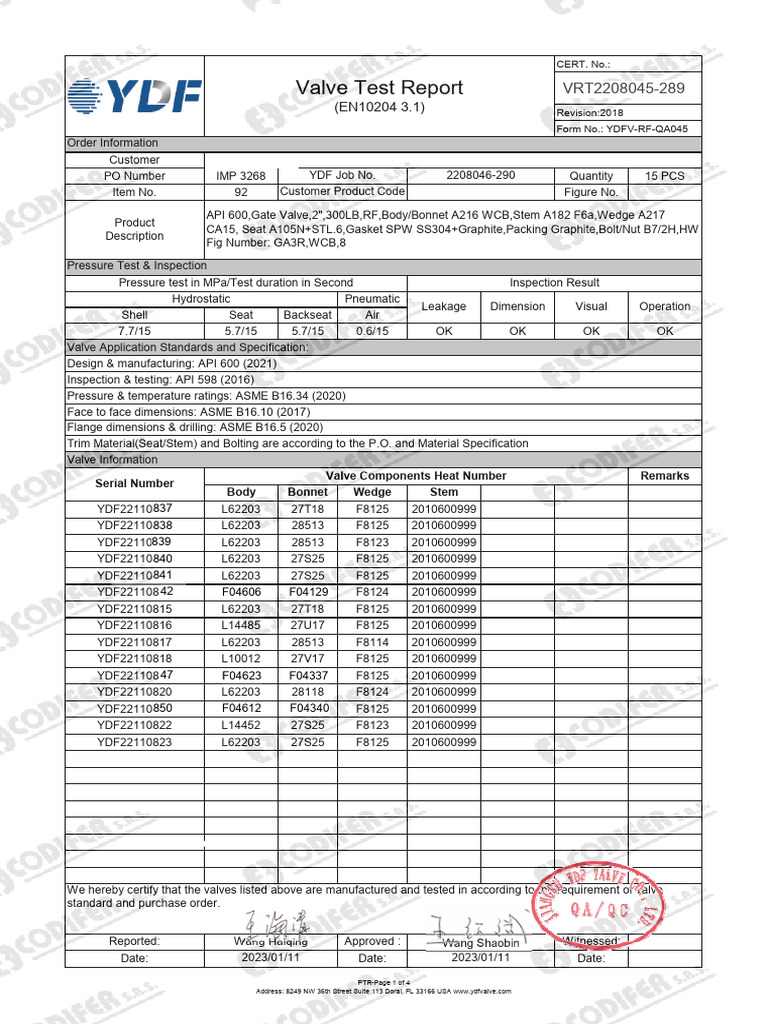 Valve Inspection & Test Report | PDF | Valve | Mechanical Engineering