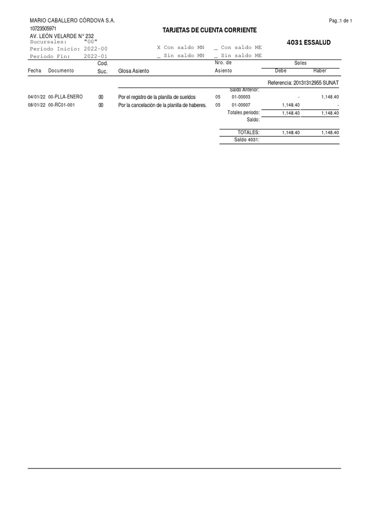 4031 ESSALUD Tarjetas de Cuenta Corriente: Cod. Suc. Glosa Asiento | PDF