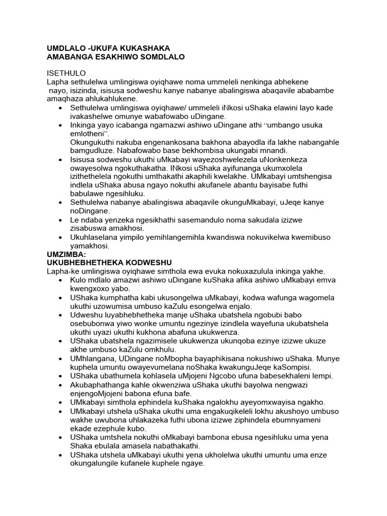 Umdlal Ukufa Kukashaka Notes | PDF | Zulu Kingdom