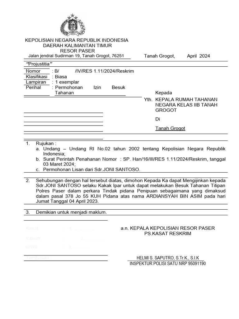 Izin Besuk Tahanan | PDF