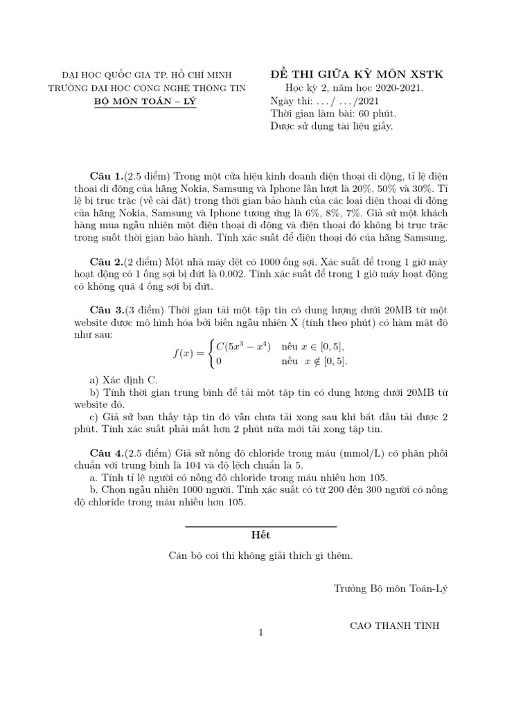 Đề + Đáp Án Các Năm XSTK | PDF