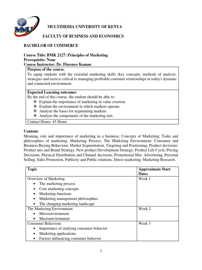 Course Outline - Principles of Marketing Bcom | PDF | Marketing | Behavior