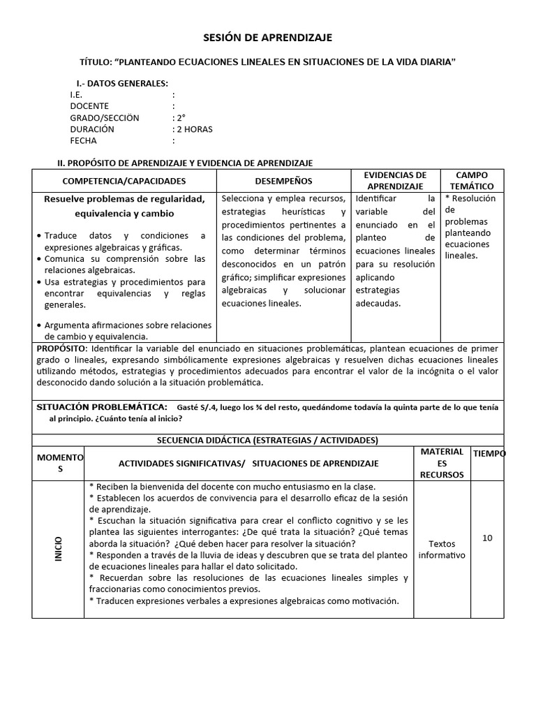 Sesión de Aprendizaje 2do de Ecuaciones Lineales - 2023 - ML | PDF ...