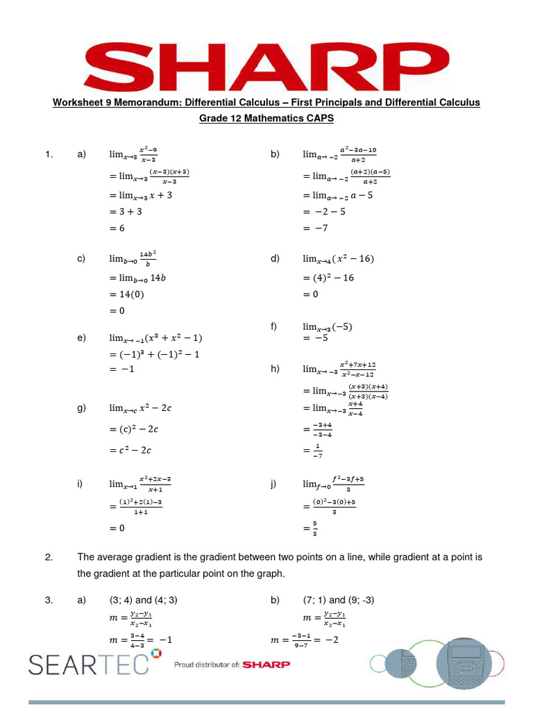 Worksheet 9 Memorandum Calculus - First Principals and Differential ...