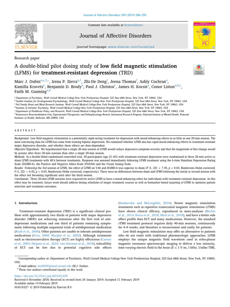 A Double-Blind Pilot Dosing Study of Low Field Magnetic Stimulation ...