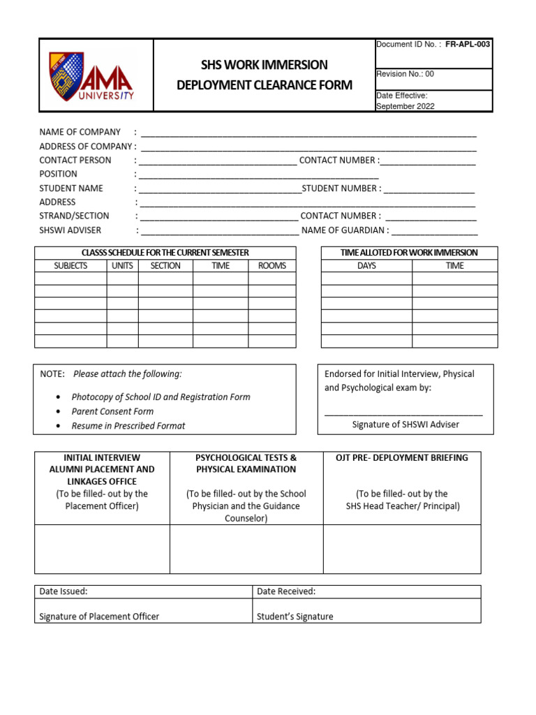 SHS Work Immersion Deployment Form | PDF | Health Care