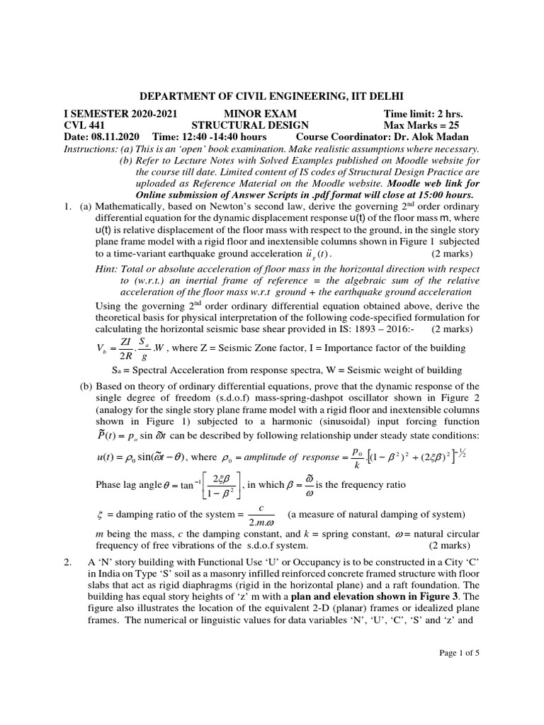 cvl441 Minor1 2020-21 Sem1 | PDF | Damping | Mechanics