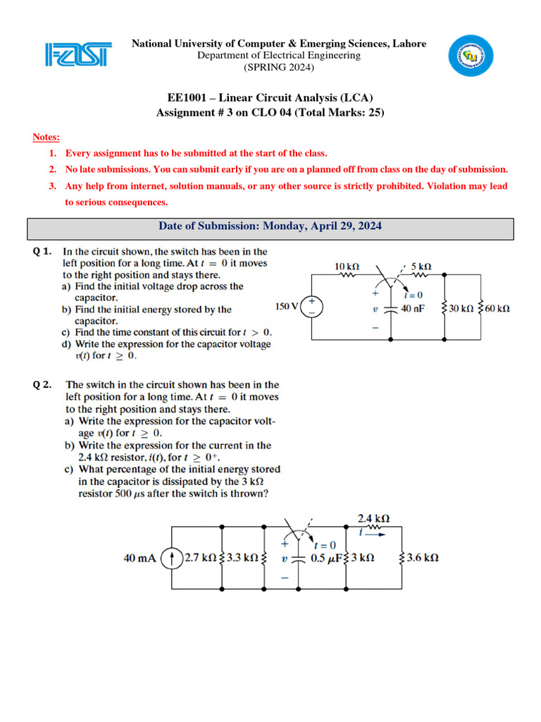 EE1001 A3 On CLO 04 - 29apr-24 | PDF | Electrical Network | Network Analysis (Electrical Circuits)