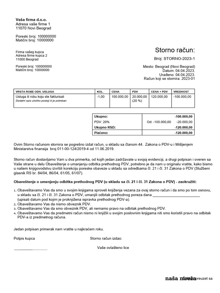 Storno Racun Sablon | PDF