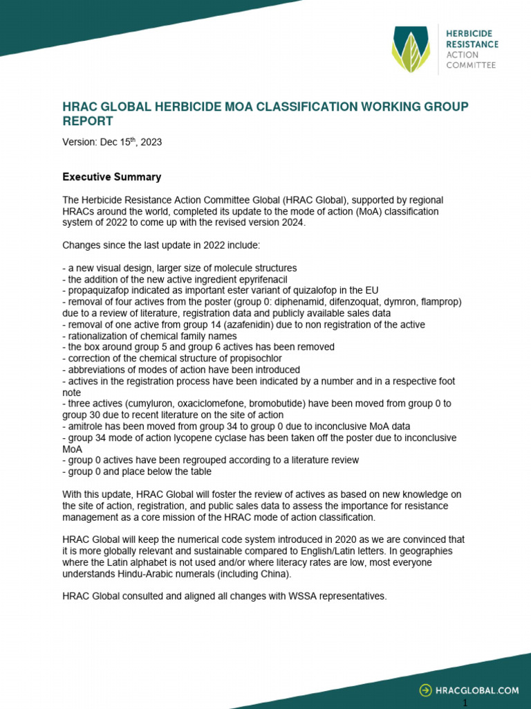 HRAC Global Herbicide MOA Classification Working Group Report ...